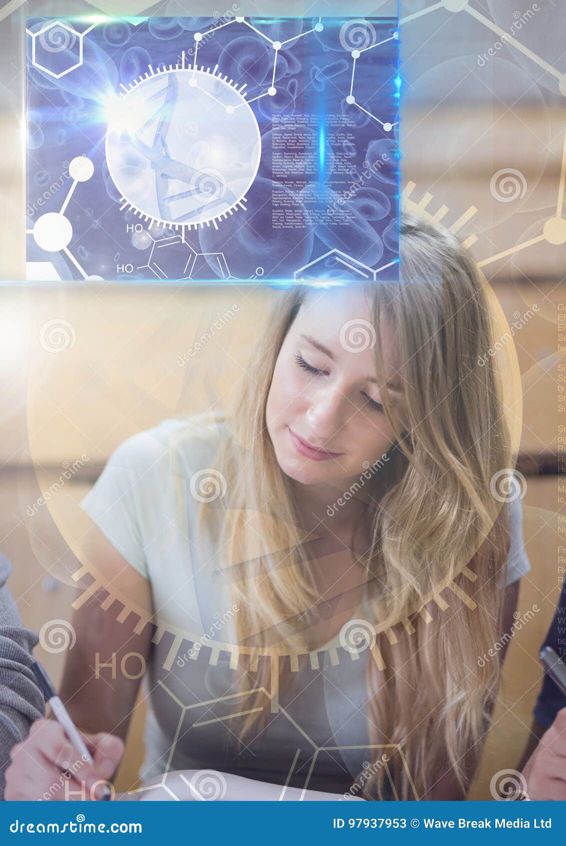 Female Student Studying with Notes and Science Education Interface ...