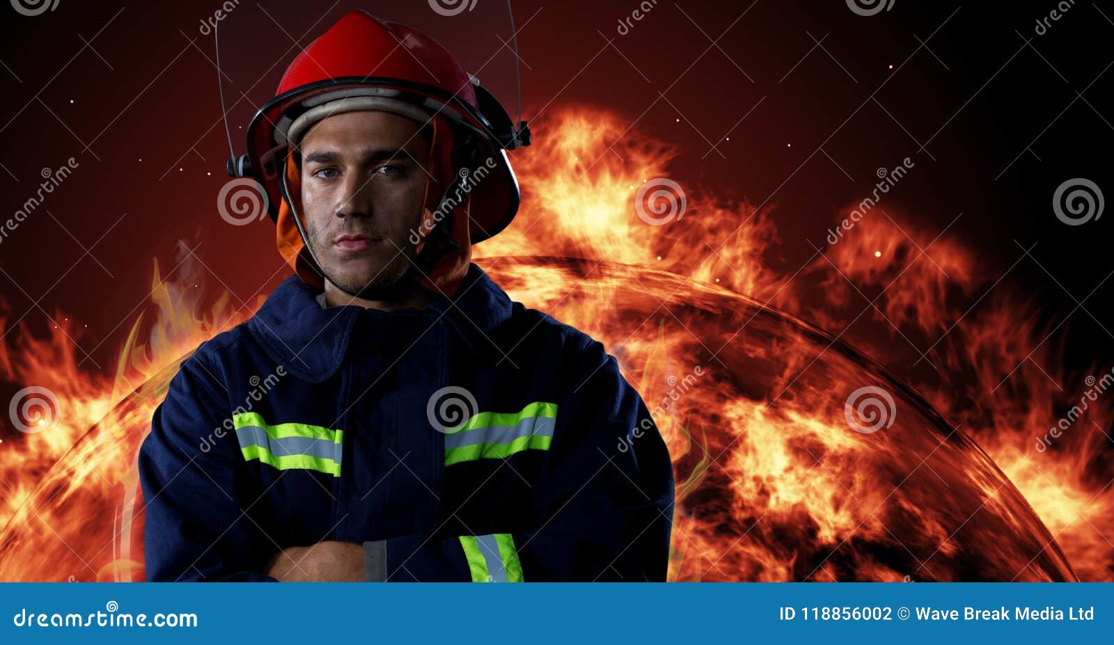 Firefighter in Front of Burning Fire Stock Photo - Image of frowning ...