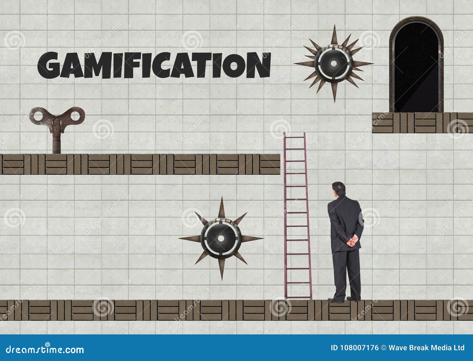 Gamification Text and Businessman in Computer Game Level with Key and ...