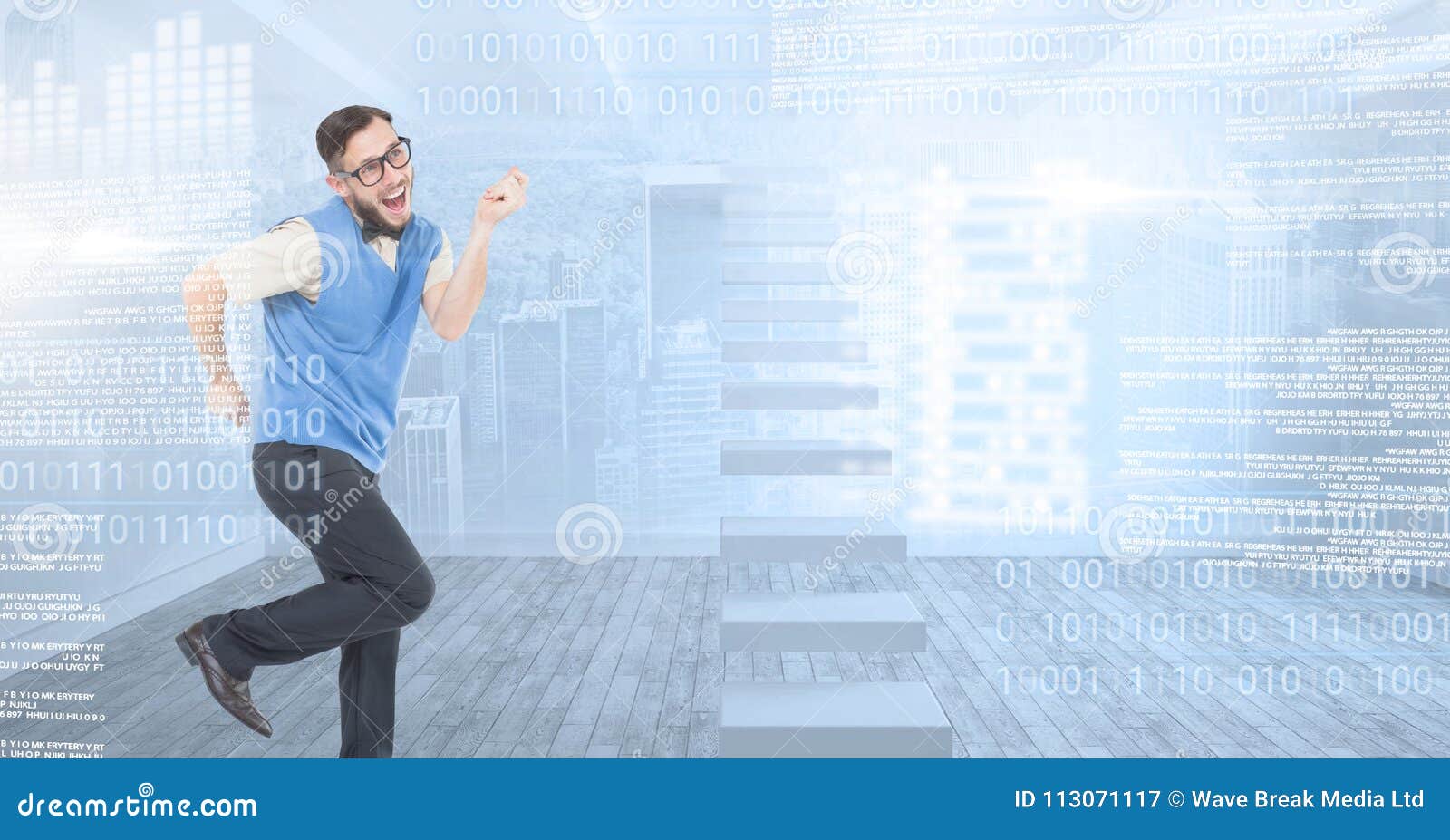 Geek Man Dancing with Digital Technology Interface Stock Image - Image ...