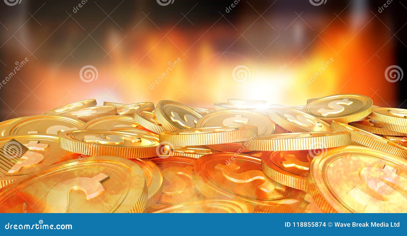 Gold Coins and Burning Fire Stock Illustration - Illustration of flame ...