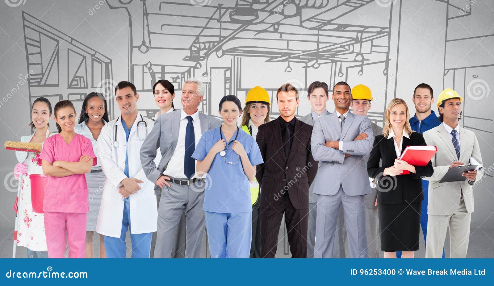 Group of People with Different Professions Standing in Front of Factory ...