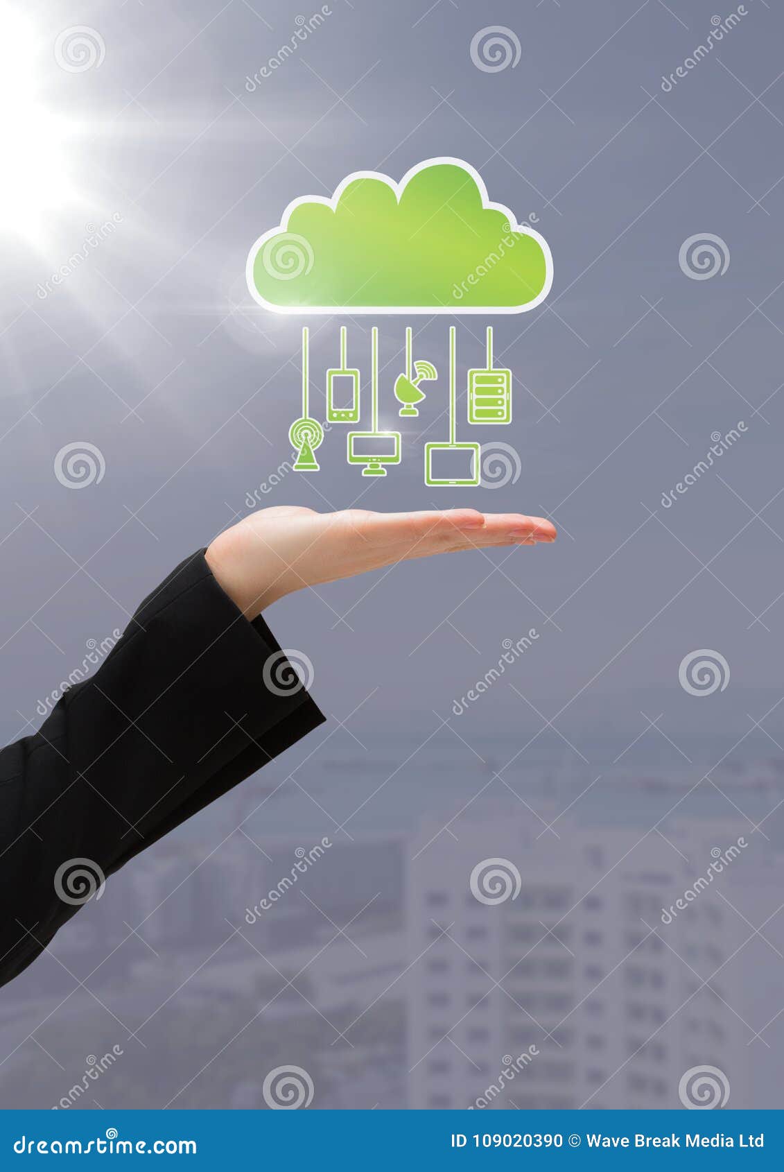 Hand with Cloud Icon and Hanging Connection Devices Stock Photo - Image ...