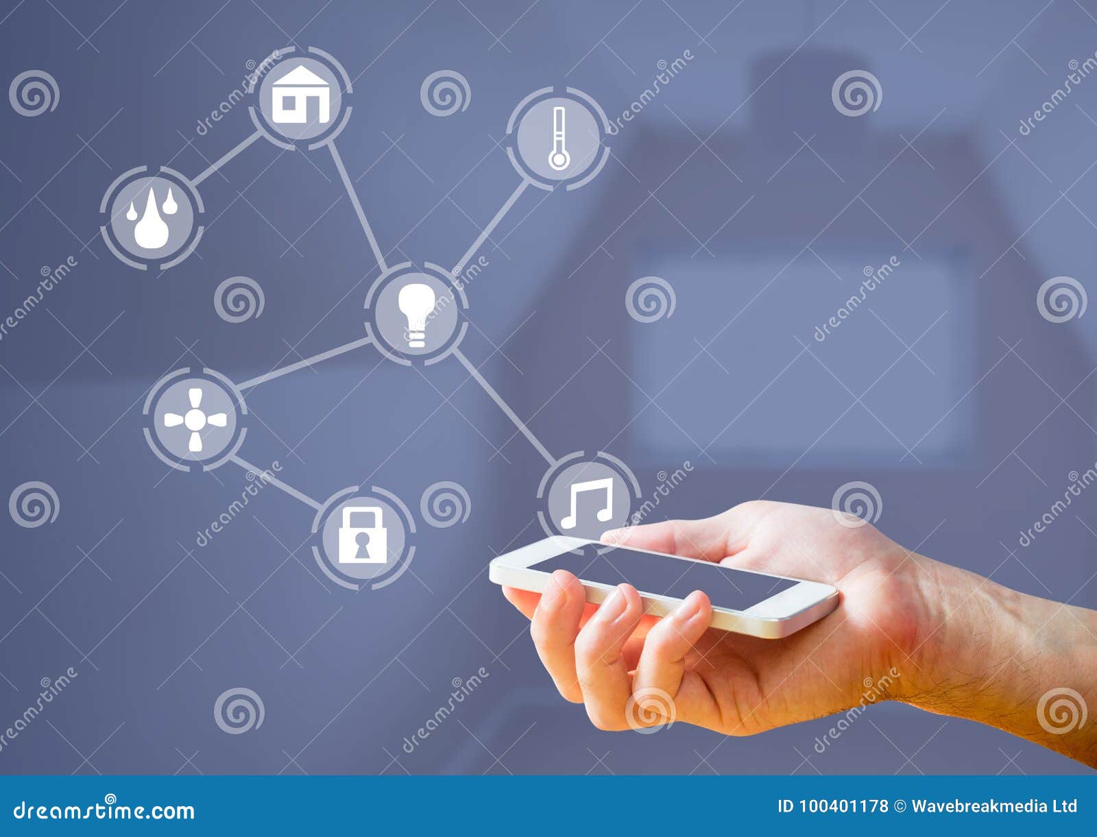 Hand Holding Phone with Smart Home Interface at Home Stock Photo ...