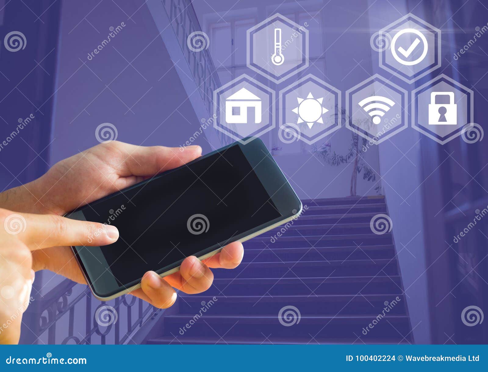 Hand Holding Phone with Smart Home Interface at Home Stock Photo ...