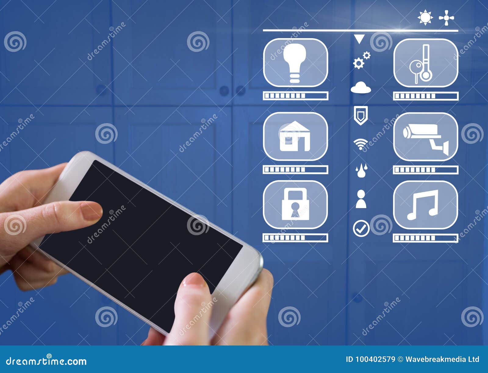 Hand Holding Phone with Smart Home Interface at Home Stock Image ...