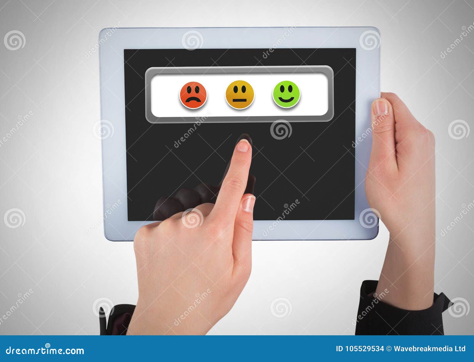 Hand Holding Tablet with Smiley Face Feedback Satisfaction Buttons ...