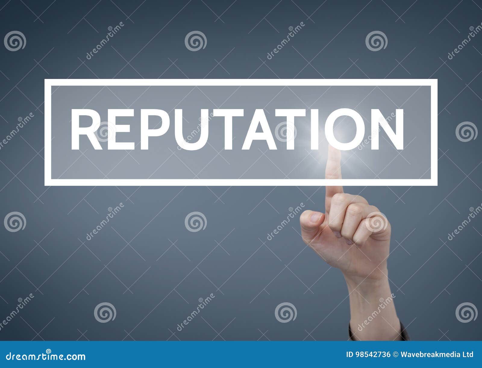 Hand Interacting with Reputation Business Text Against Blue Background ...