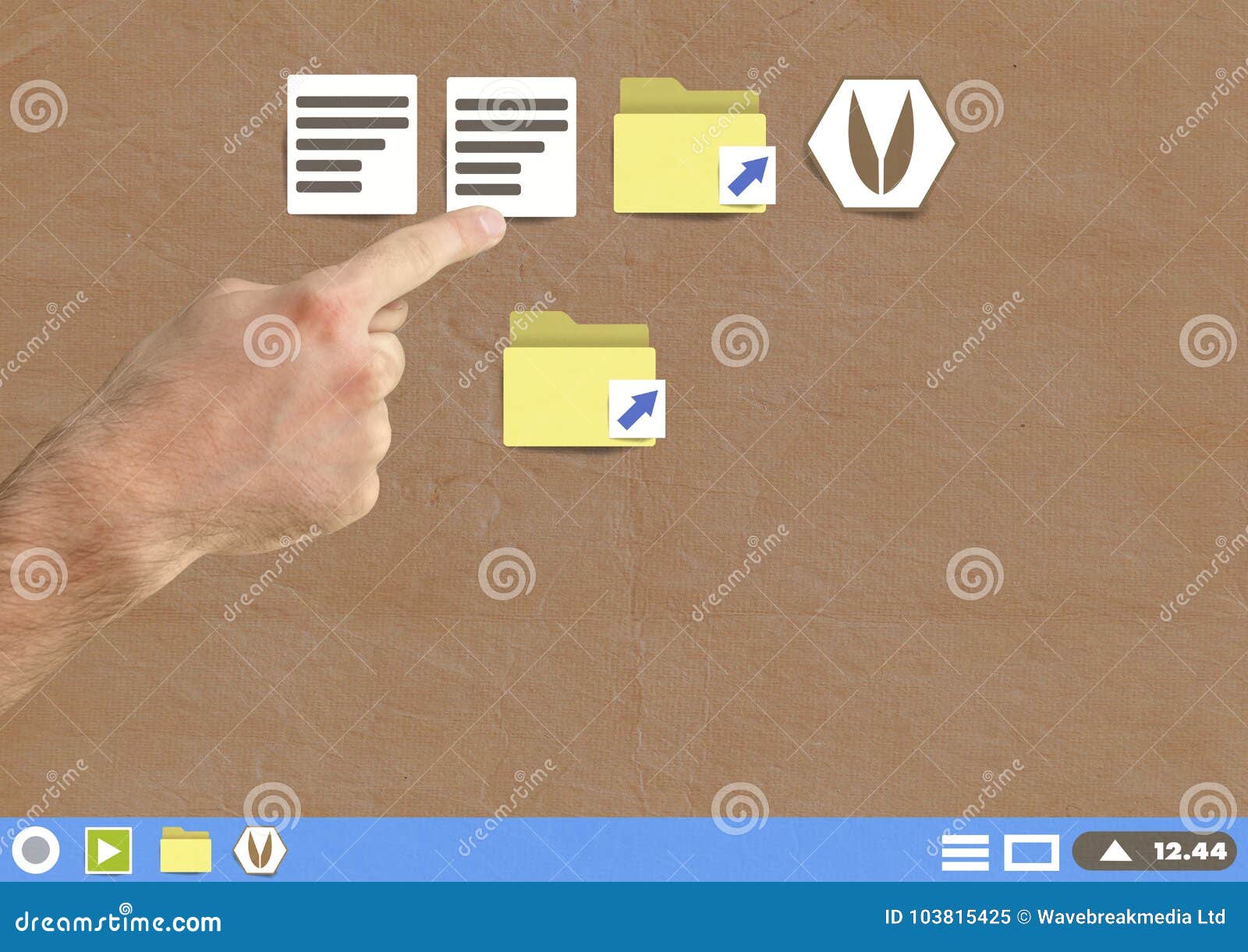 Hand Touching Folder and Files Icons on Paper Cut Out Desktop Stock ...