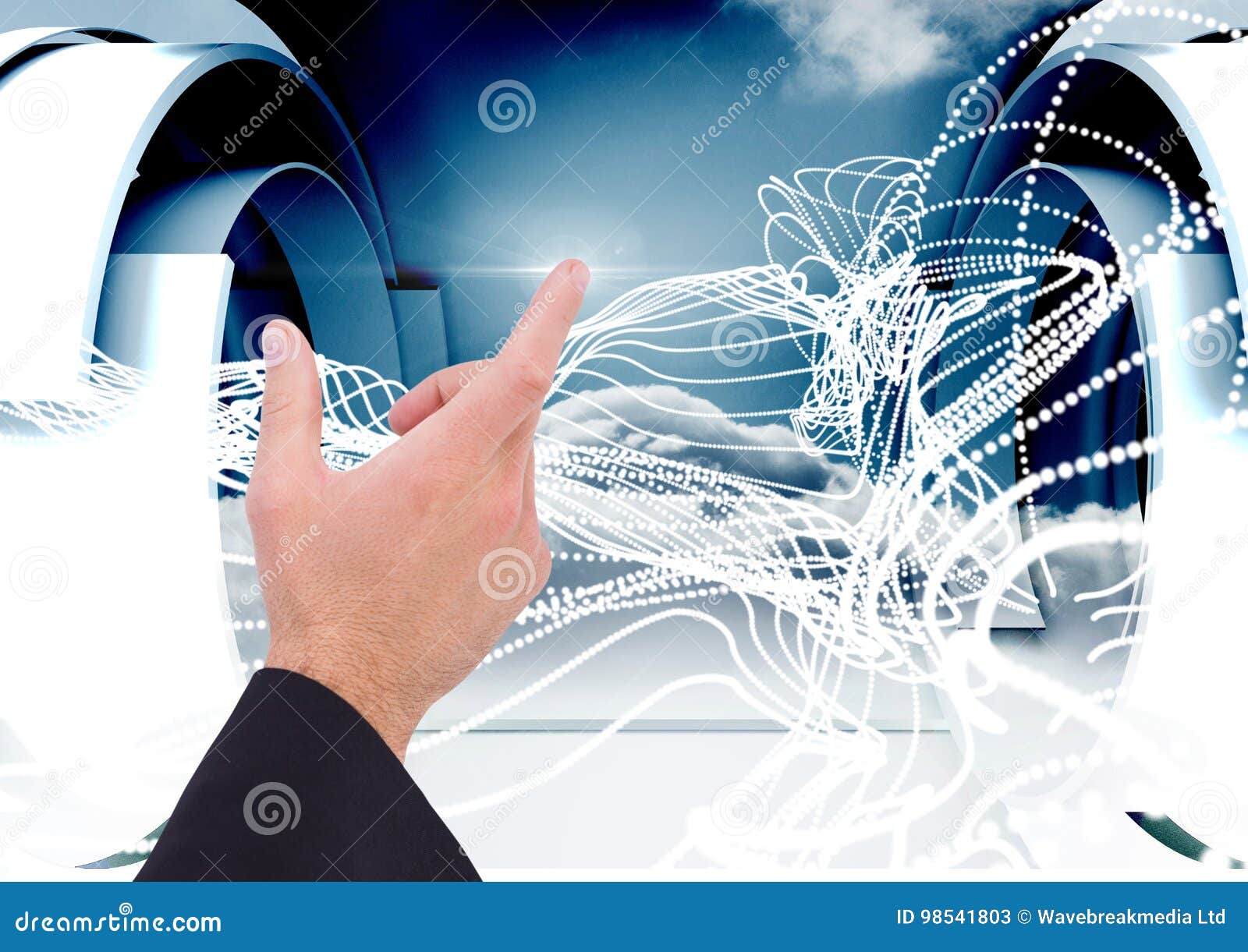 Hand Touching and Interacting with Futuristic Space Stock Image - Image ...