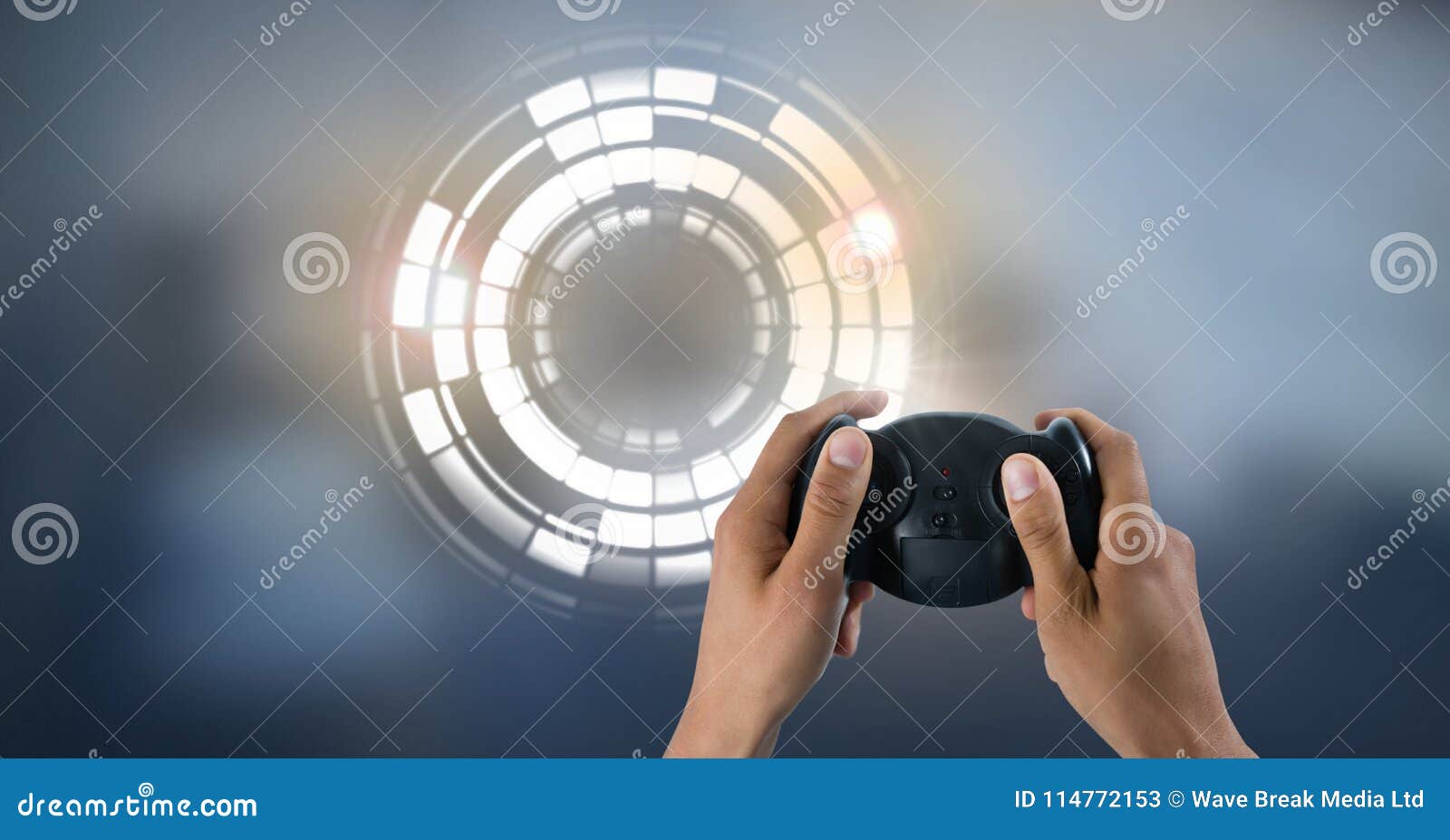 Hands with Game Controller and Glowing Circle Technology Interface ...
