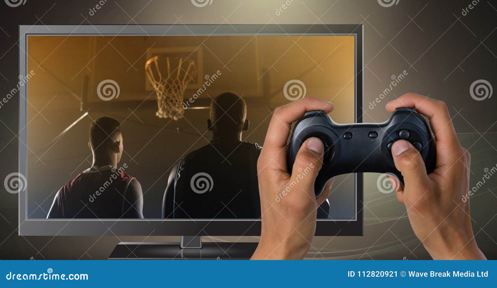 Hands Holding Gaming Controller with Basketball Players on Television ...