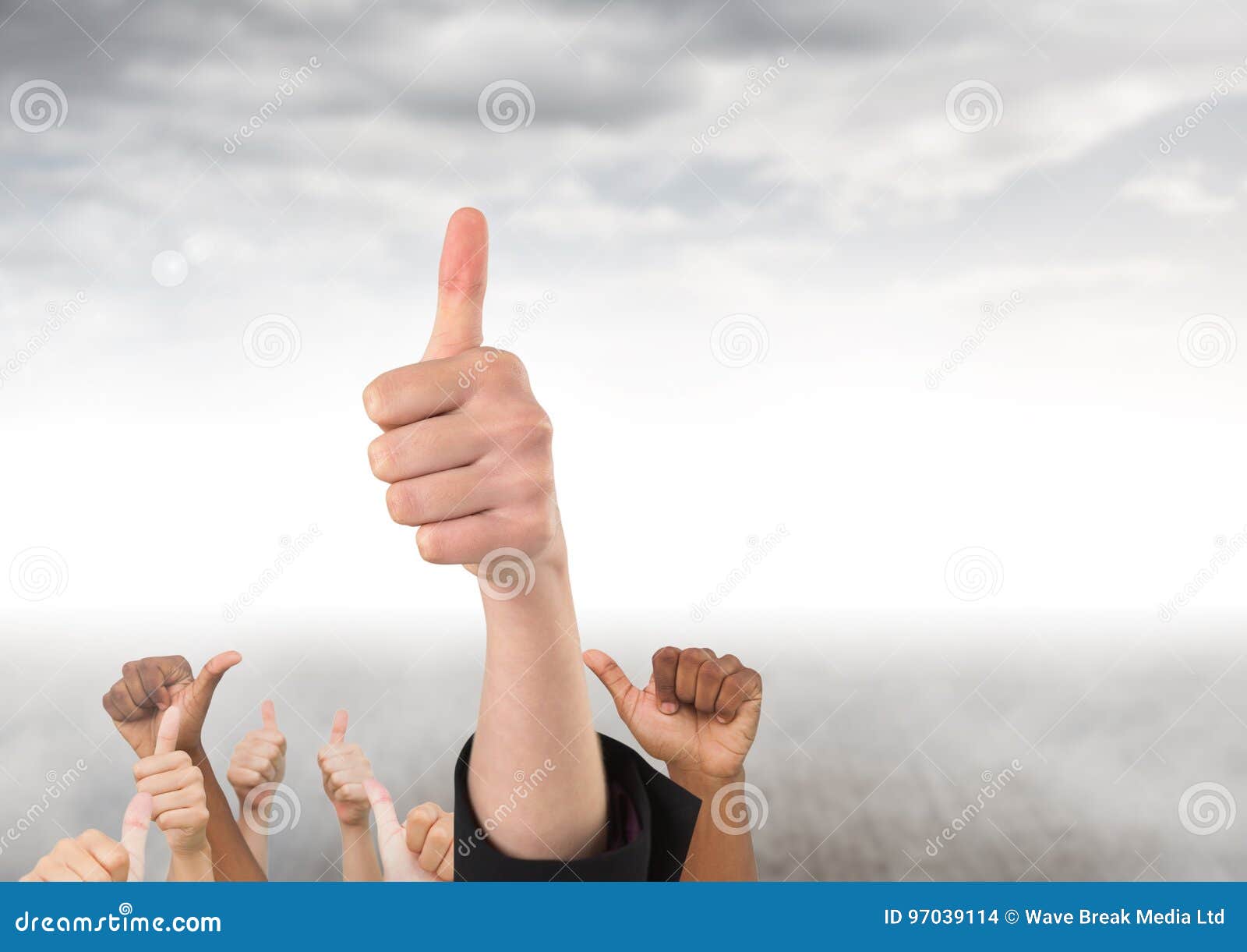 Hands with Thumbs Up in Front of Bright Sky Stock Photo - Image of ...