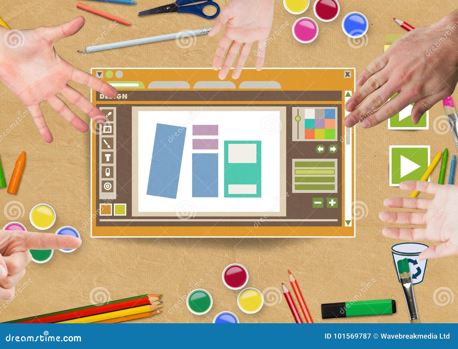 Hands Touching Design Editor Window and Creative Art Objects on Paper ...