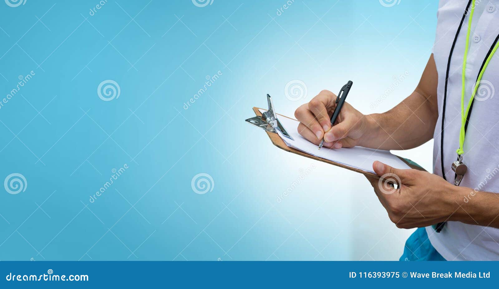 Hands Writing on Chart Paper with Blank Blue Space Stock Image - Image ...