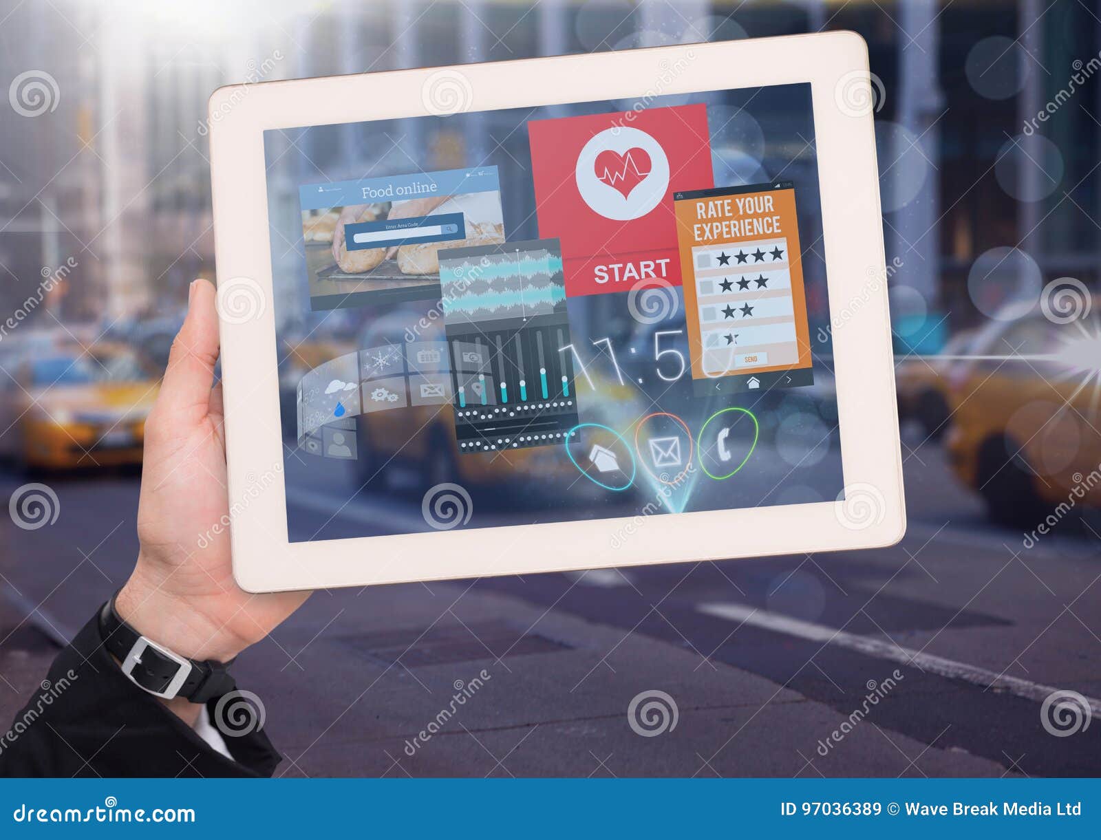 Holding Tablet and City with App Interfaces Stock Image - Image of ...