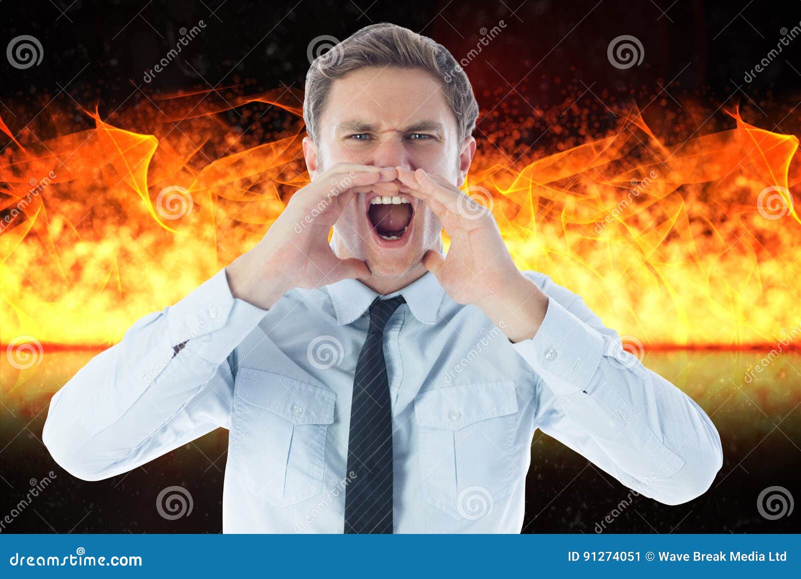 Digital Composite Image of Angry Businessman Screaming Against Fire ...