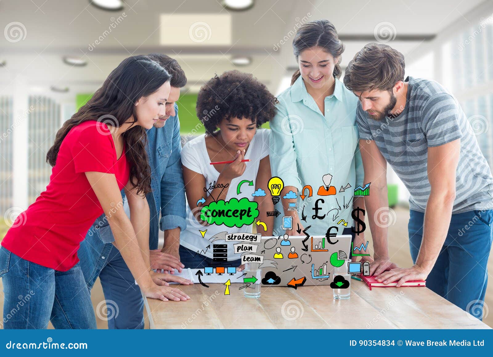 Digital Composite Image of Business People Using Laptop with Various ...