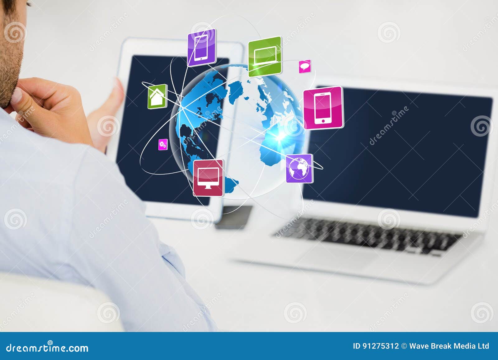 Digital Composite Image of Businessman with Technologies Looking at IOT ...