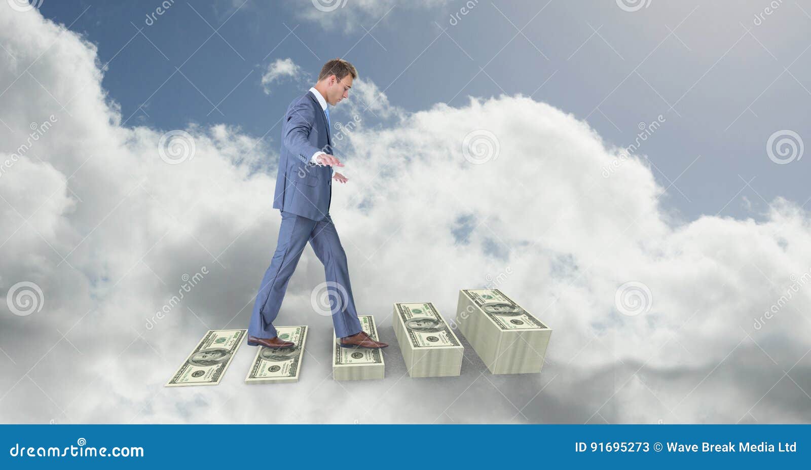 Digital Composite Image of Businessman Walking on Money Steps in Sky ...