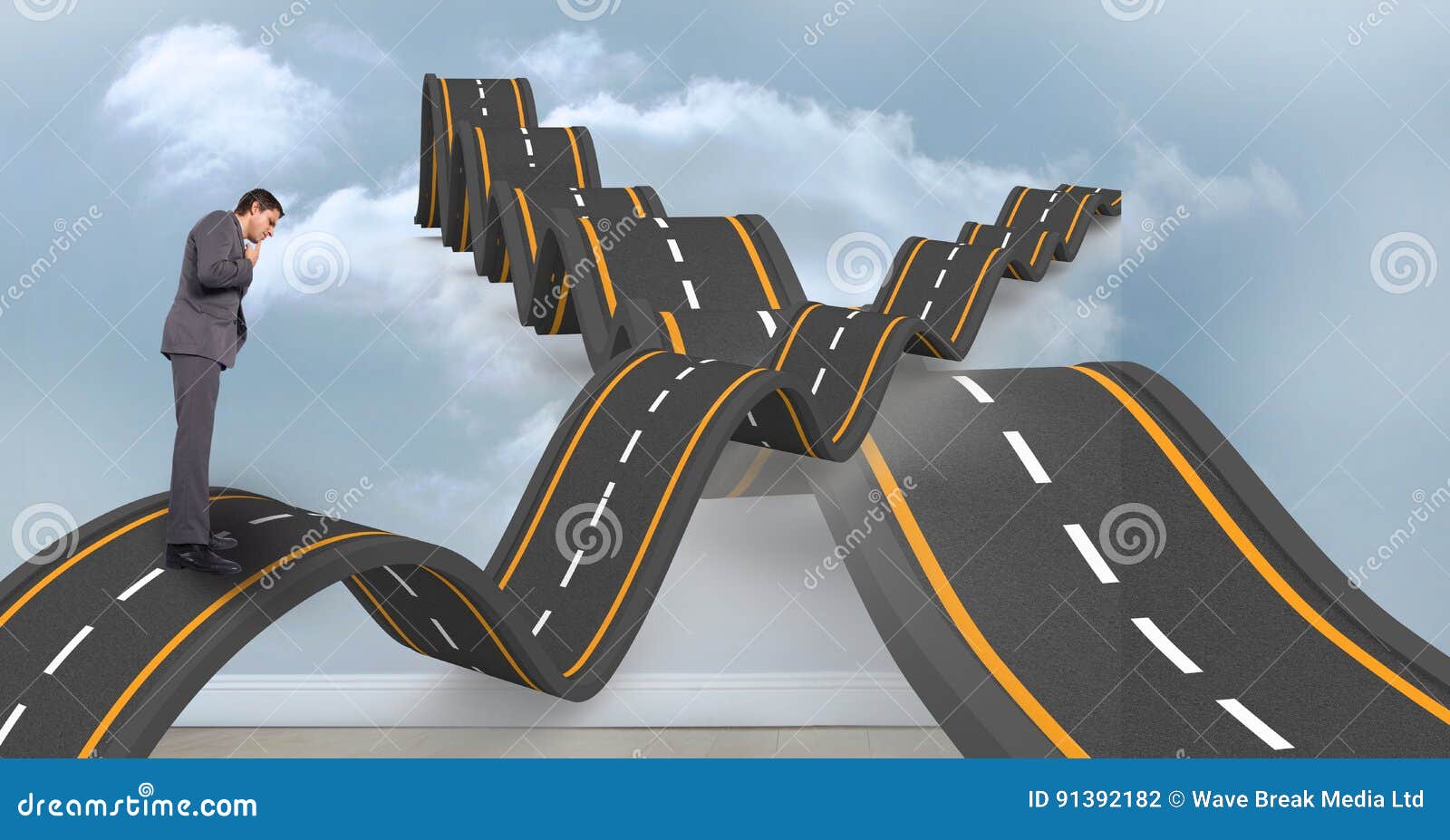 Digital Composite Image of Confused Businessman on Wavy Road in Sky ...