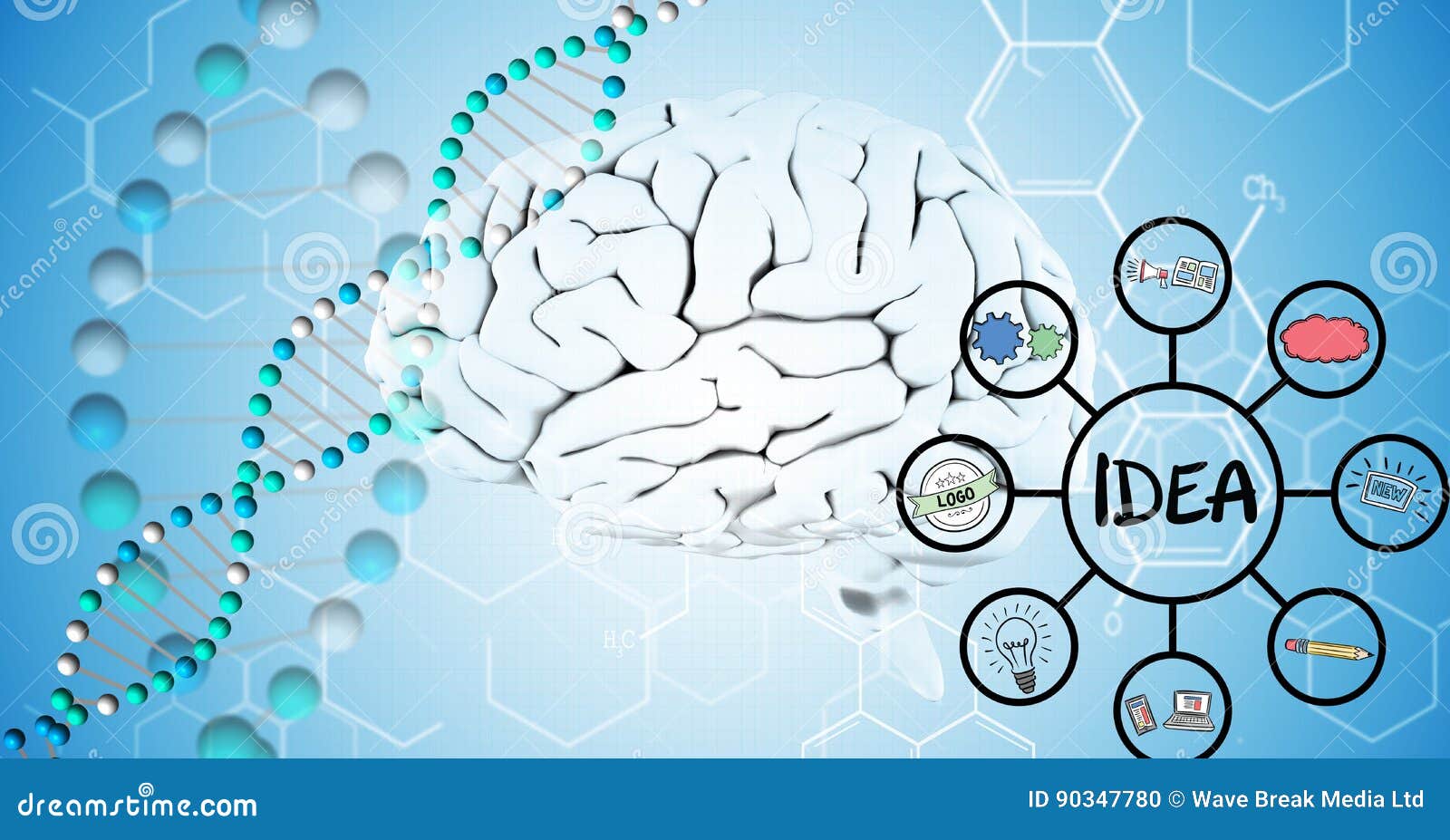 Digital Composite Image of 3d Brain, DNA and Idea Graphics Stock ... Digital Composite Image of 3d Brain, DNA and Idea Graphics Stock ...