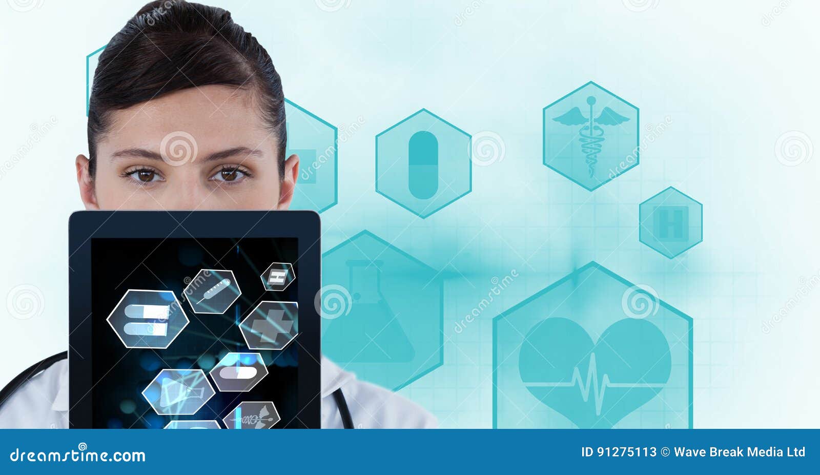 Digital Composite Image of Doctor Showing Medical Signs on Tablet PC ...