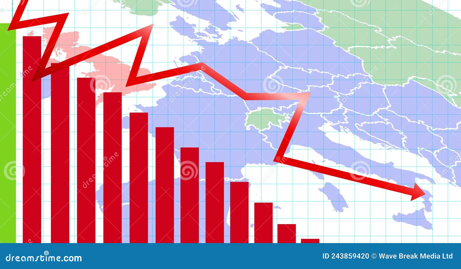 Digital Composite Image of Downgrading Pointing Graph Over Red Bars on ...