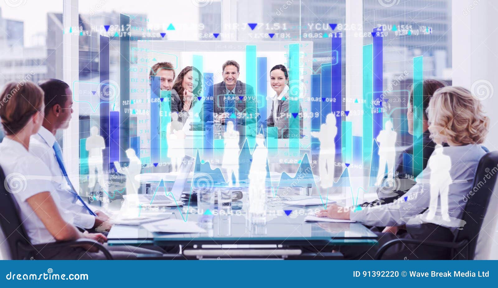 Digital Composite Image of Employees and Tech Graphics Against Business ...