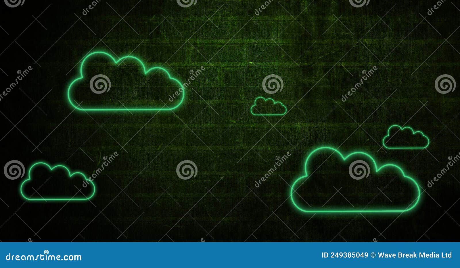 Digital Composite Image of Green Cloud Shaped Neon Lights on Wall, Copy ...