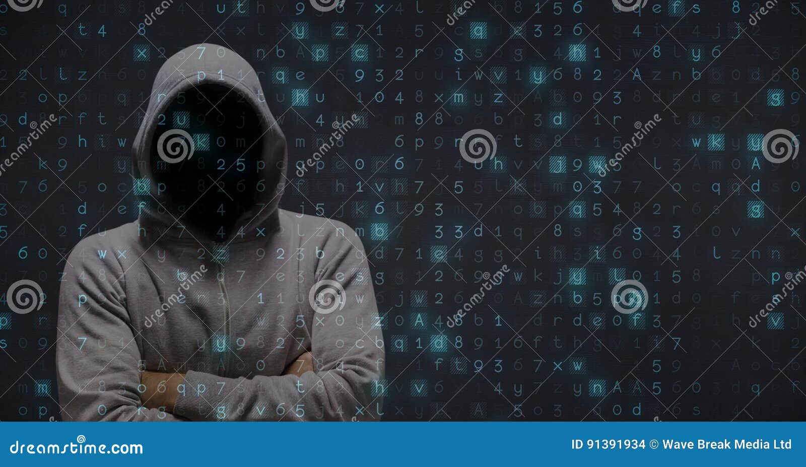 Digital Composite Image of Hacker Standing Arms Crossed Against Screen ...