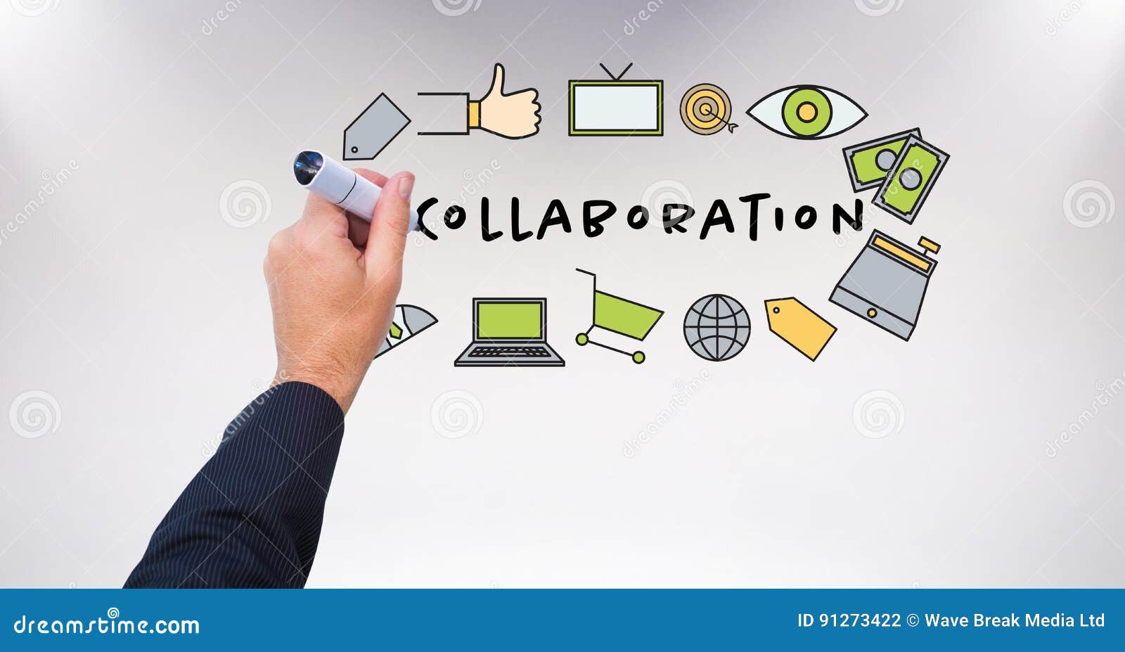 Digital Composite Image of Hand Drawing Collaboration Icons Stock ...