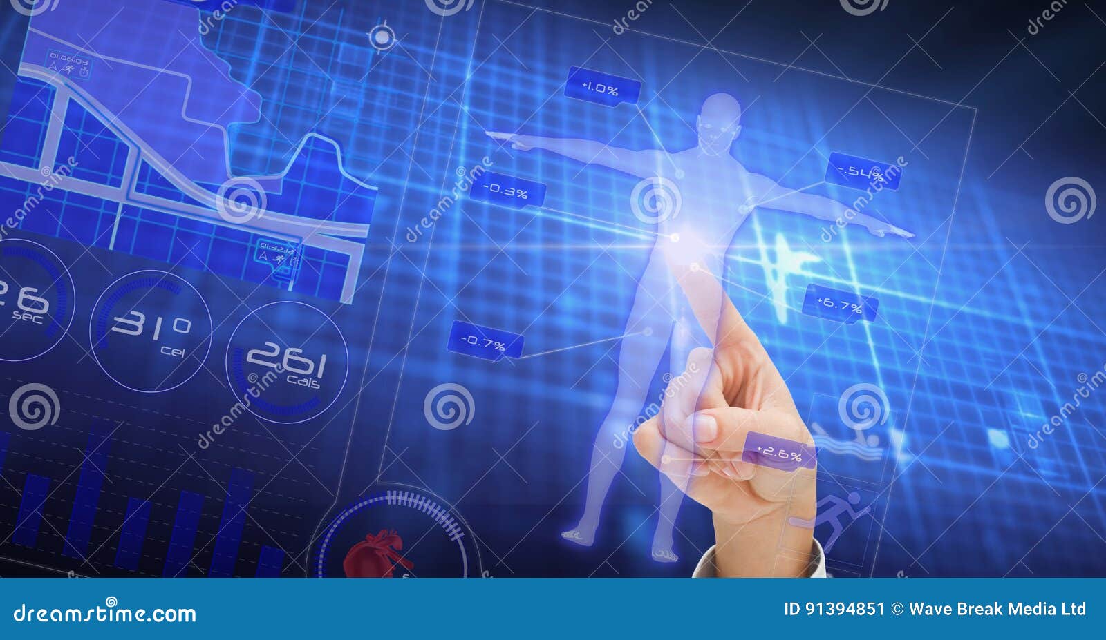 Digital Composite Image of Hand Touching Human Shape on Screen Stock ...