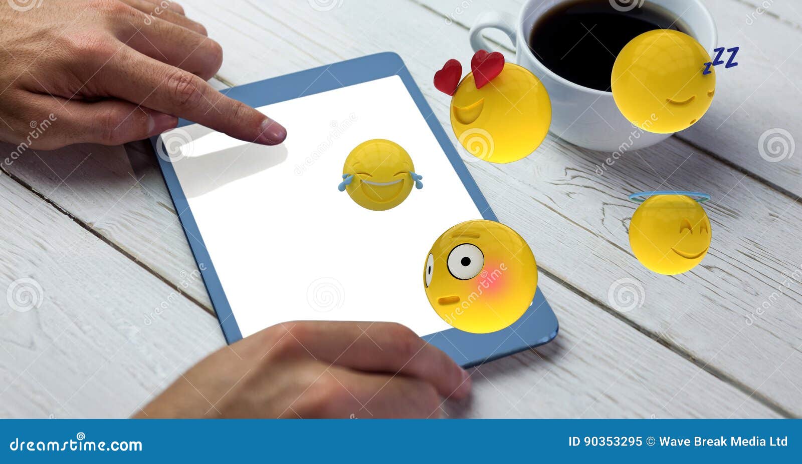 Digital Composite Image of Hand Using Tablet PC with Emojis Flying Over ...