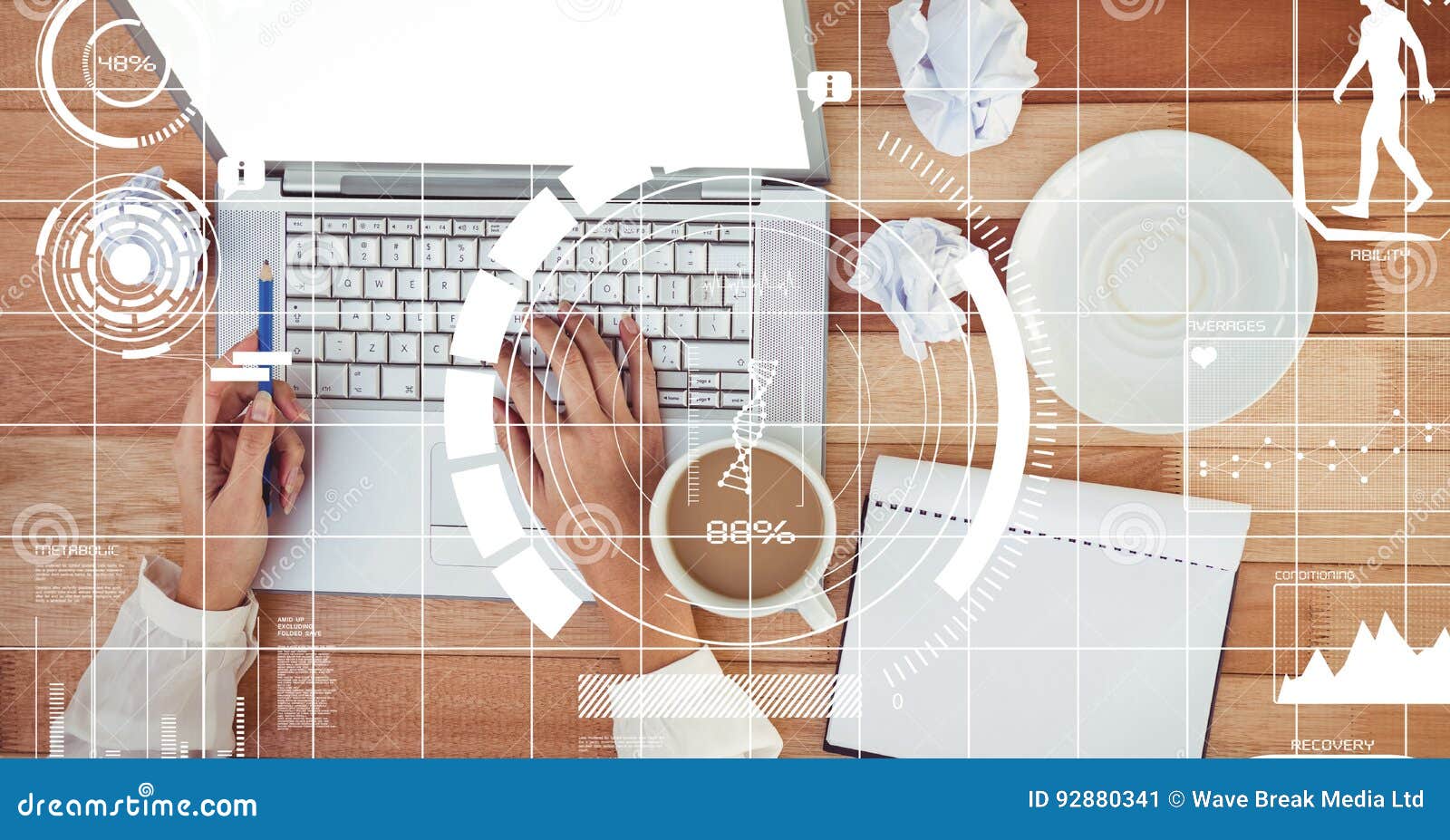 Digital Composite Image of Hands Using Laptop by Crumpled Pappers Stock ...