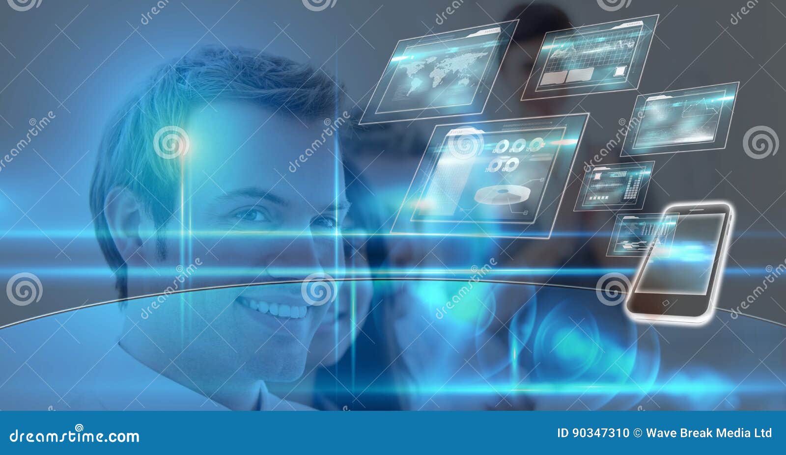 Digital Composite Image of Happy Businessman with Various Device ...