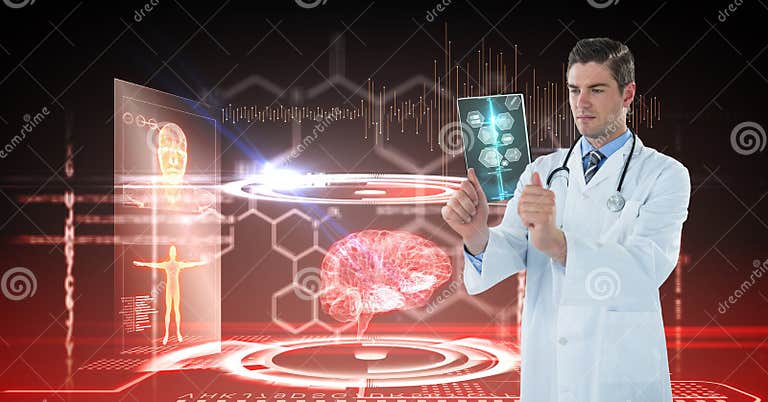 Digital Composite Image of Male Doctor Looking at X-ray with Interface ...