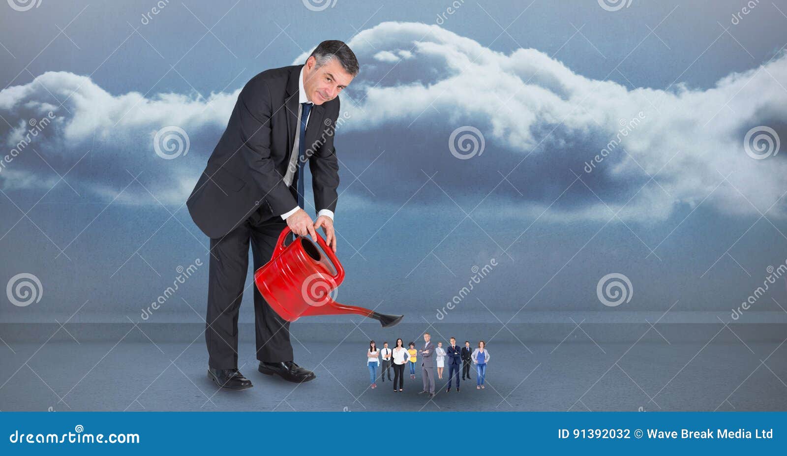 Digital Composite Image of Manager Watering Employees Against Cloudy ...