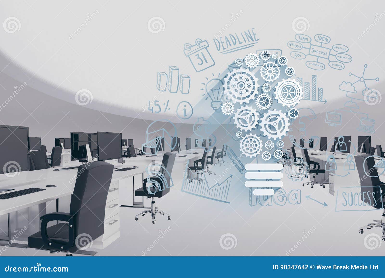 Digital Composite Image of Modern Office with Tech Graphics Stock ...