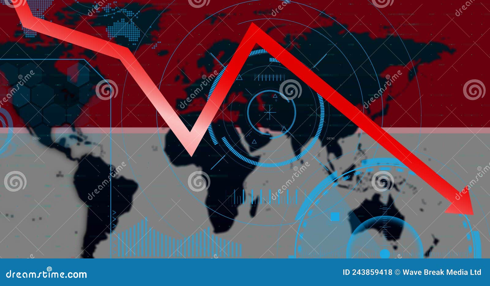 Digital Composite Image of Red Downgrading Pointing Graph Over World ...