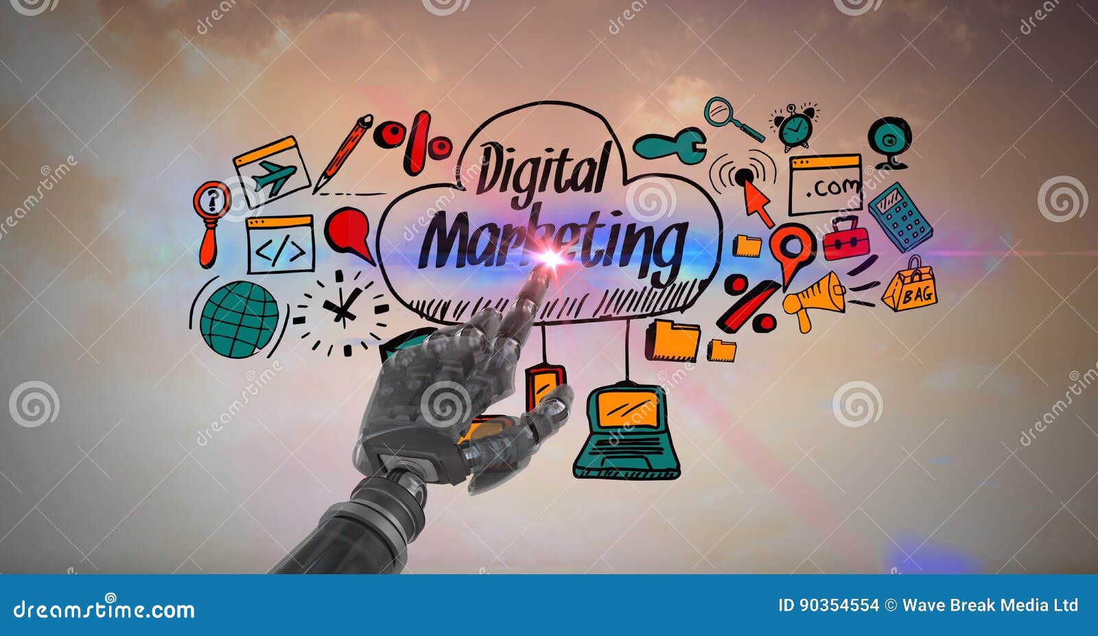 Digital Composite Image of Robot Touching Screen with Digital Marketing ...