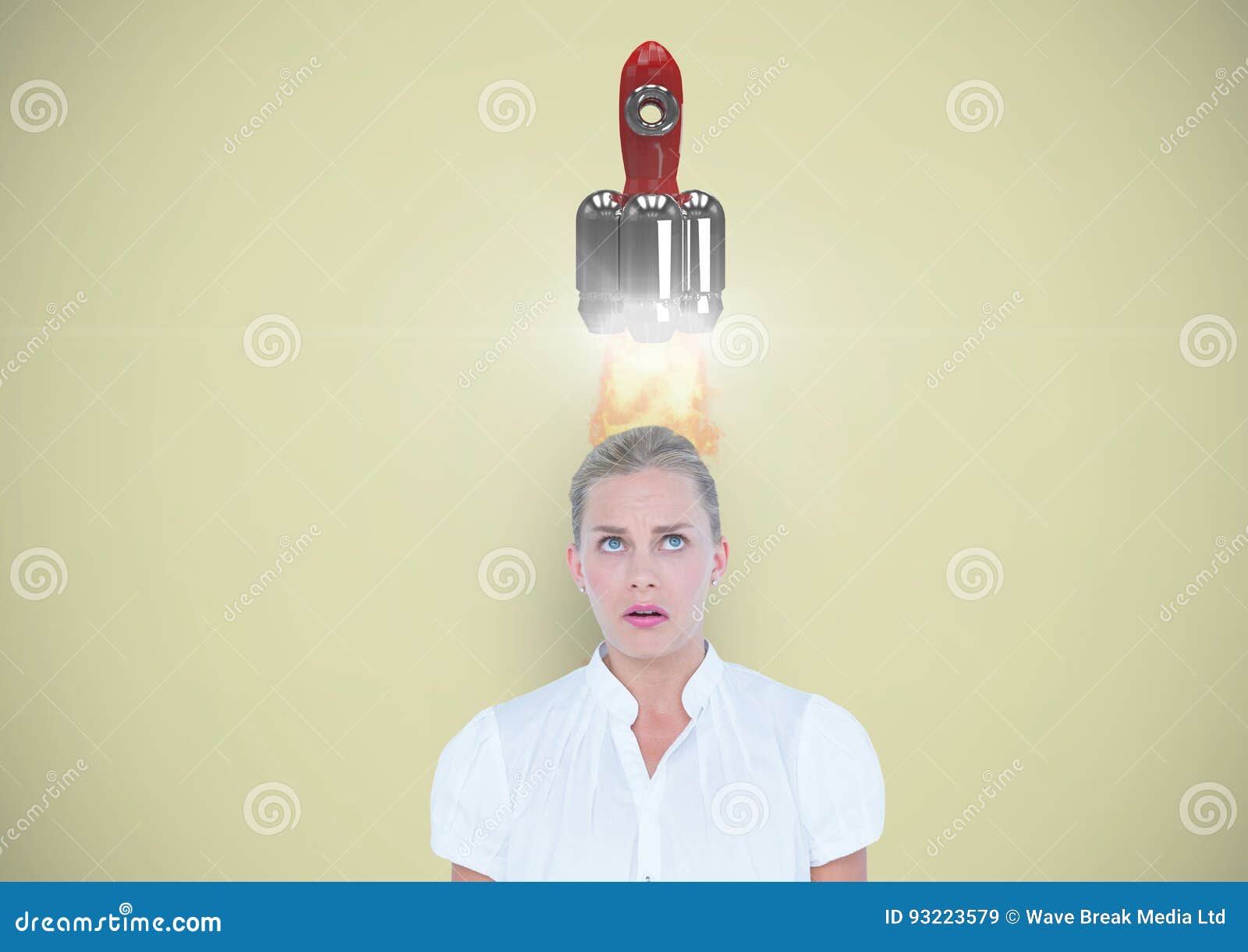 Digital Composite Image of Rocket Launch on Overhead of Businesswoman ...