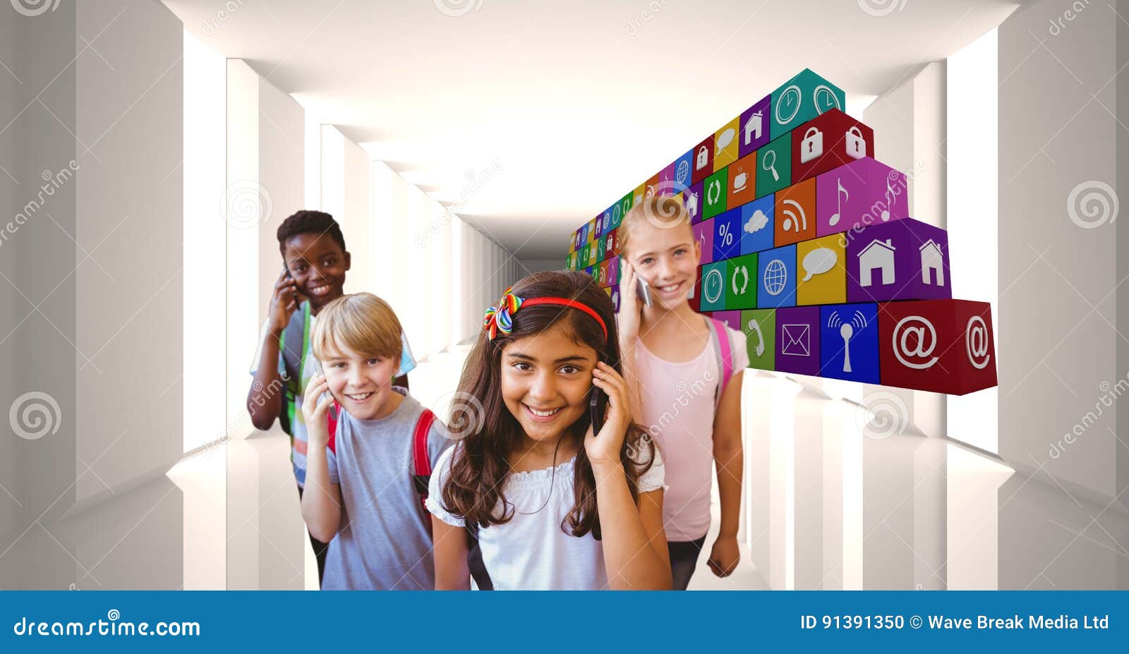 Digital Composite Image of School Children Using Smart Phones by Icons ...