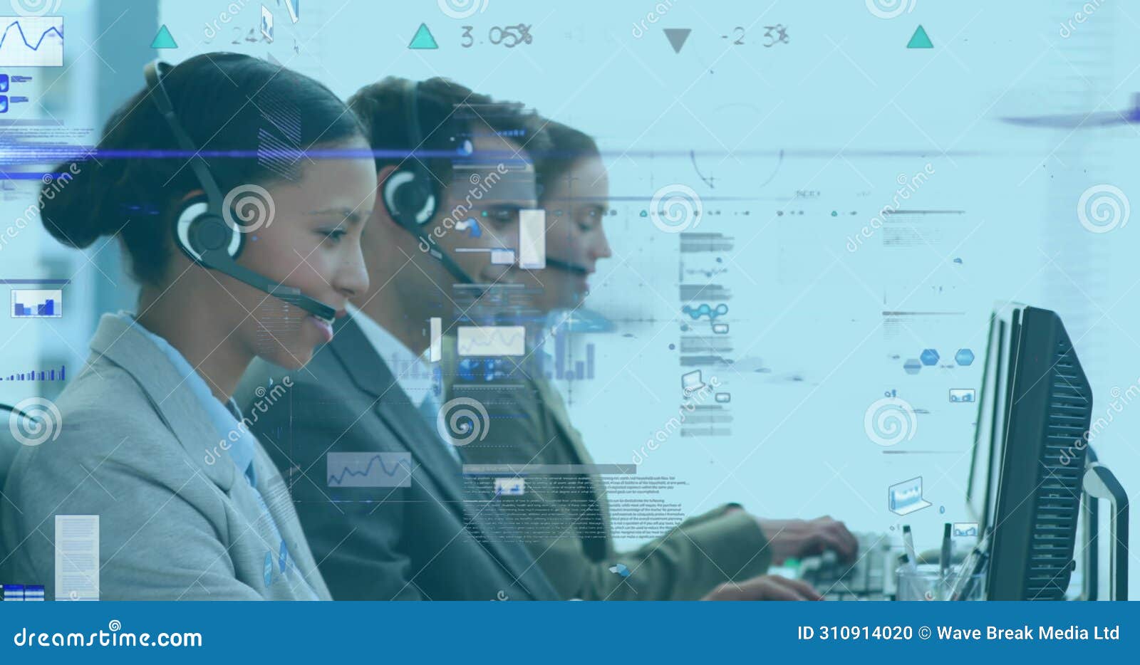 Digital Composite Image Shows Diverse Call Center Workers with Data ...