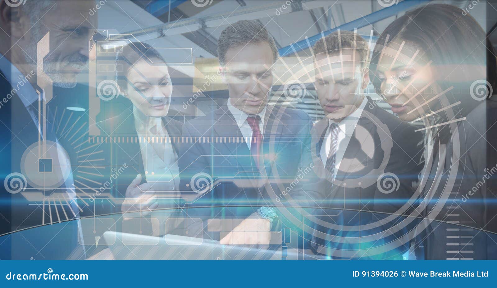 Digital Composite Image of Tech Graphics with Business People in Office ...