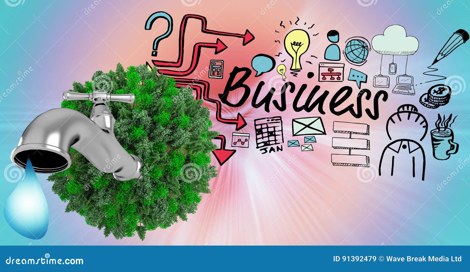 Digital Composite Image of Water Dripping from Tap with Various Icons ...