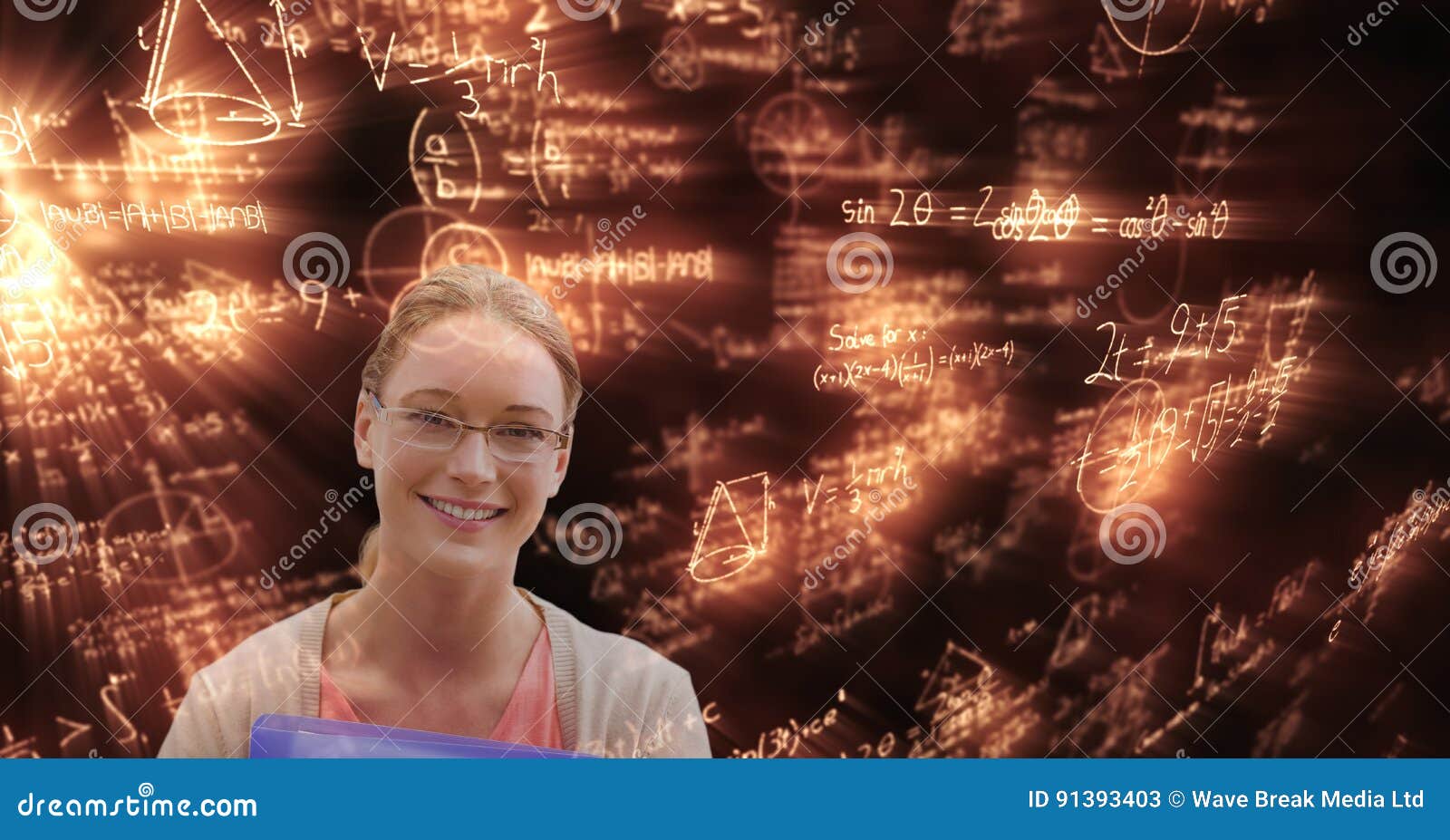 Digital Composite Image of Woman Looking at Glowing Math Equations ...