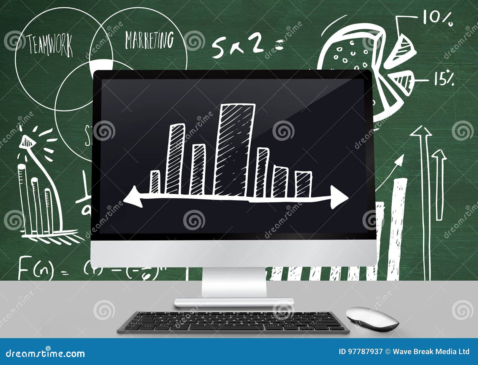 Incremental Bar Charts on Computer in Front of Blackboard with Diagrams ...