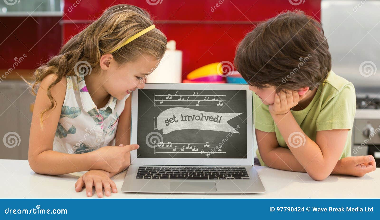 Kids Looking at a Computer with School Icons on Screen Stock Photo ...