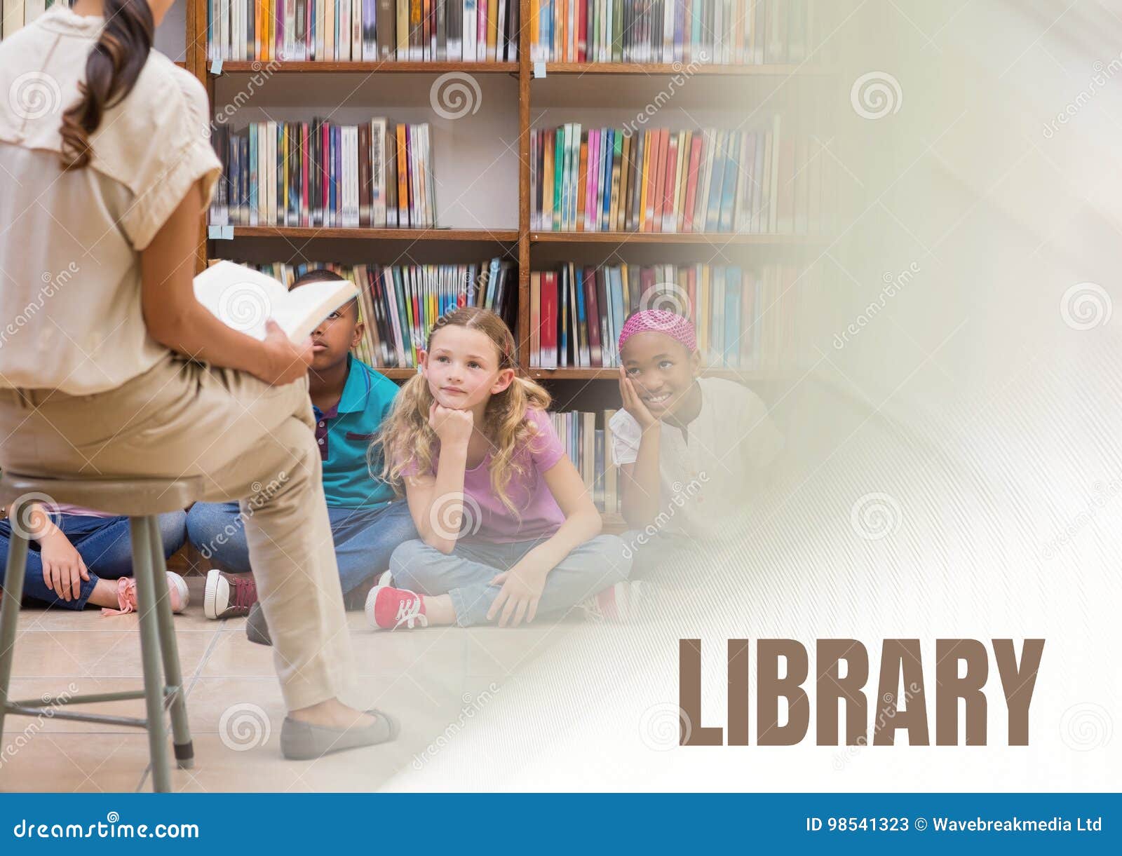 Library Text and Elementary School Teacher with Class Stock Image ...